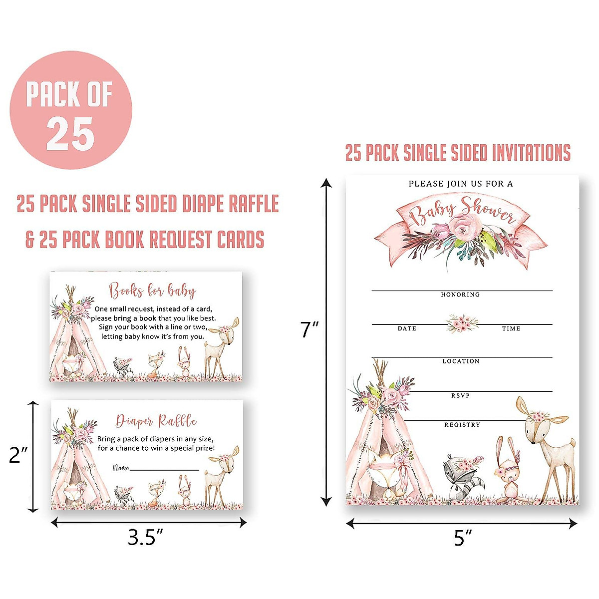 Yuzioey Boho Woodland Baby Shower Invitations, 25 Pack Girl Woodland Invitations Macthing Envelpoes, Diaper Raffle Tickets, Book Request Cards, Pink Teepee Woodland Creatures Invitations