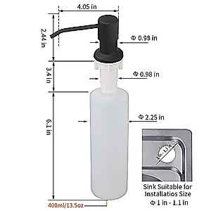 Soap Dispenser for Kitchen Sink Matte Black, Refill from The Top, Stainless Steel Built in Sink Soap Dispenser with Large 13.5 Ounce Bottle 2309R