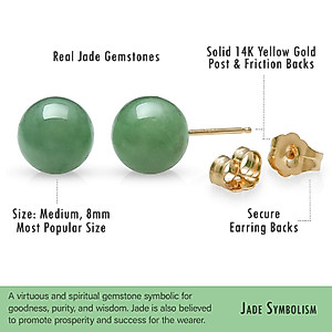 14K Yellow Gold Natural Green Jade Round Stud Earrings (8mm)