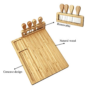 Bamboo Cheese Board and Knife Set, 14” x 11”Cheese Tray Platter Servers with Magnetic Knife Holder Charcuterie Boards Gift Set for Wedding,Christmas and Housewarming Gift