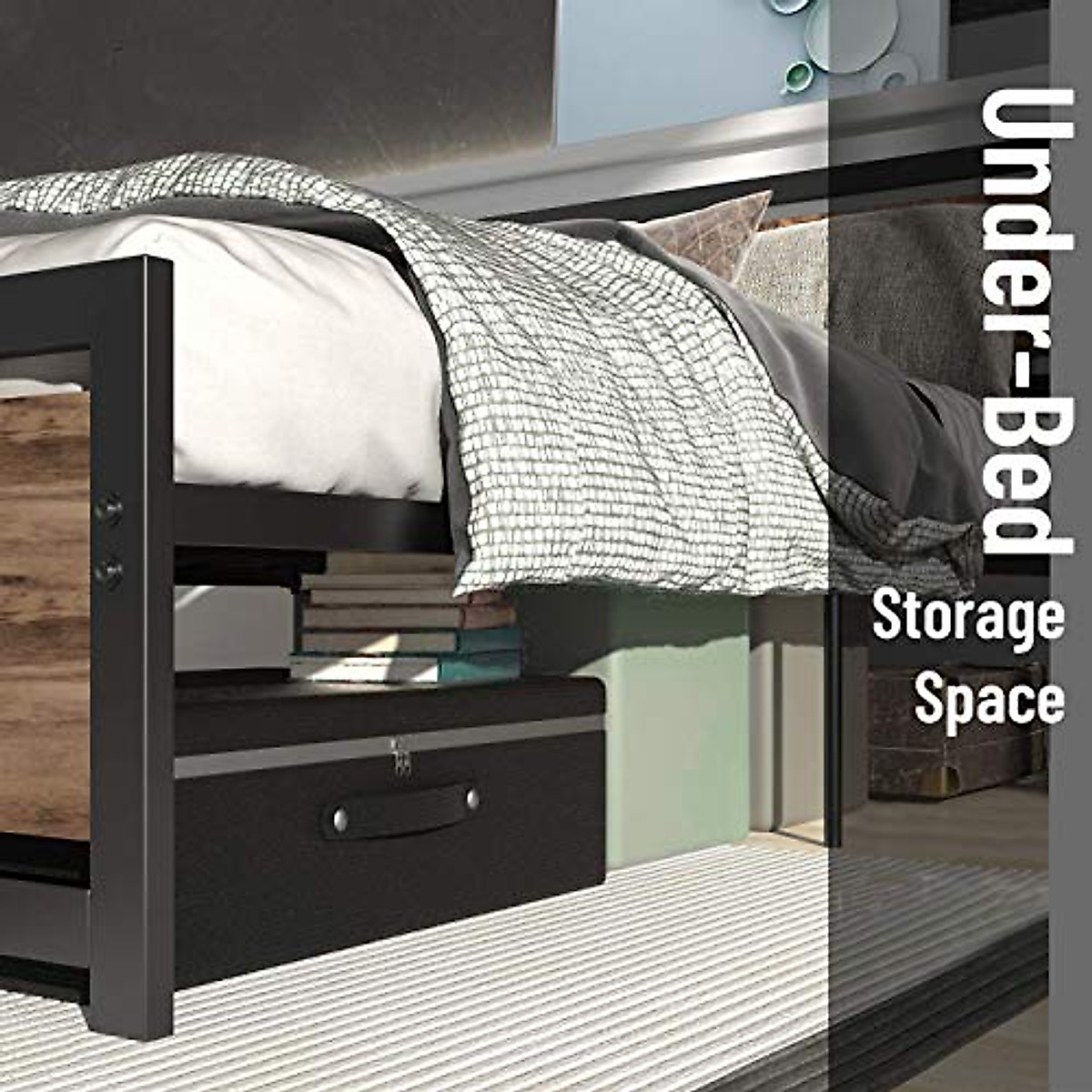 Catrimown Queen Platform Bed Frame with Wooden Headboard and Footboard, Metal Bed Frame Queen Size with Storage, Wooden Bed Frame, Strong Slat Support/No Box Spring Needed/Easy Assembly, Black