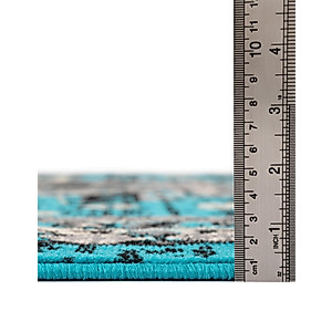 Unique Loom Taftan Collection Border Geometric Tribal Inspired Design Area Rug, 4 ft x 6 ft, Turquoise/Gray