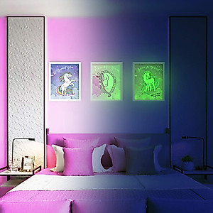 Unicorn Wall Decor, Glow In The Dark Unicorn Posters for Girls Bedroom, Glowing Pictures including Inspired Words, Birthday Gift for Girls, Little Kids Nursery, Toddlers
