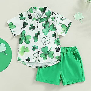 LIOMENGZI Toddler Baby Boy Summer Outfits Pattern Short Sleeve Button Down Shirt Top with Elastic Waist Shorts Clothes Set (Green, 12-18 Months)