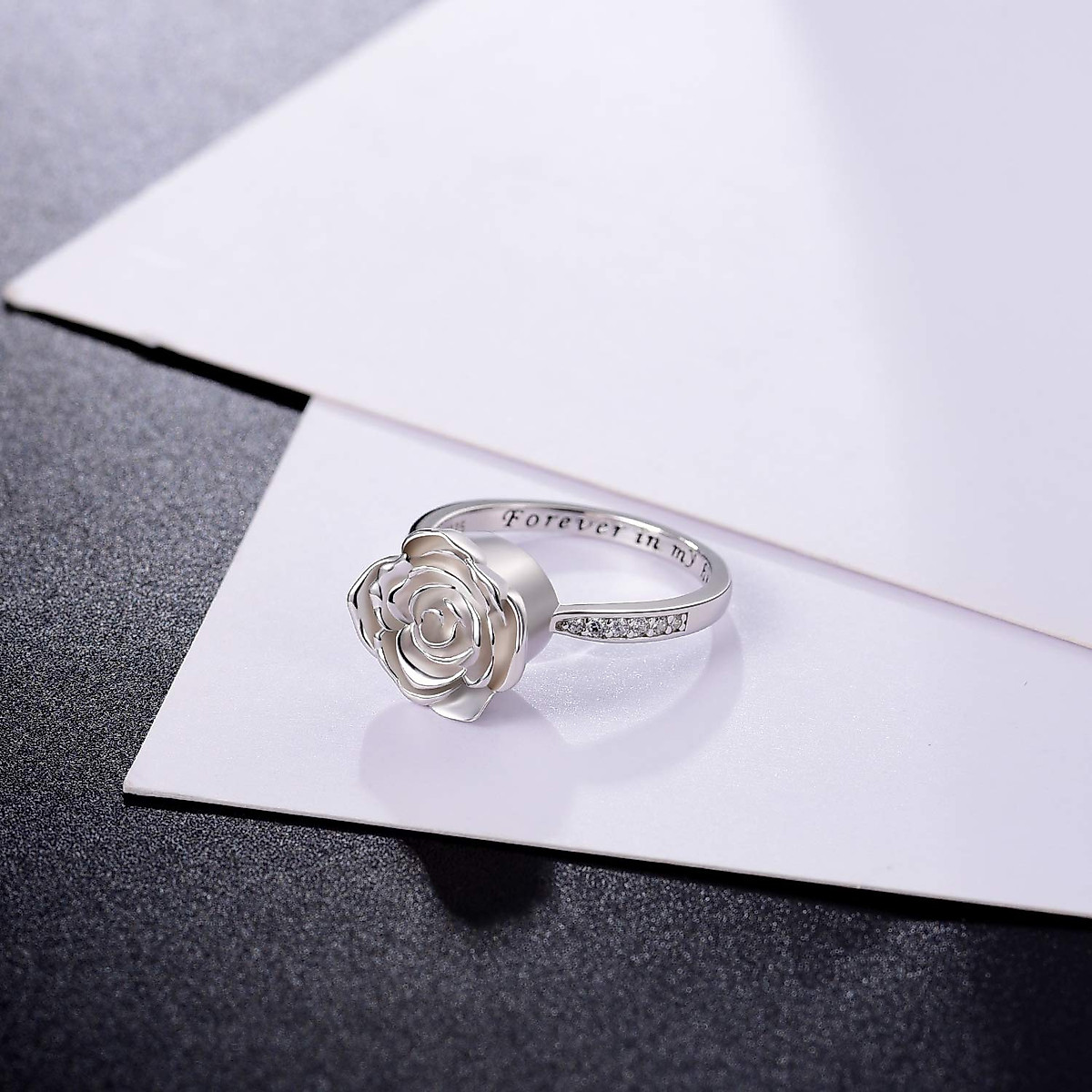 BEILIN Sterling Silver Rose Flower Urn Ring for Ashes Hold Loved Ones Forever in My Heart Cremation Jewelry Urns Ring for Women (10)