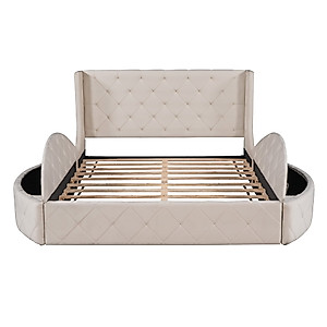 Velvet Upholstered Queen Platform Bed with Storage, Queen Size Bed Frame with Headboard, 1 Big Drawer and 2 Side Storage Stool, Strong Wooden Slats/Easy Assembly/Beige