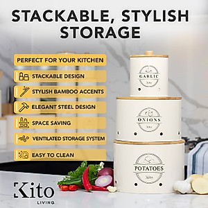 Kito LIVING Canister Sets For Kitchen Counter, 3 Piece Garlic Potato Onion Keeper Kitchen Canisters for Pantry Organization and Storage Bins with Wooden Bamboo Lids, Kitchen Organization (Cream)