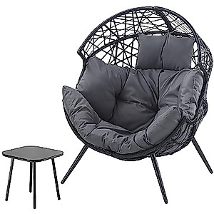YIGUO Patio Wicker Egg Chair with Table, Egg Basket Lounger with Cushion and Stand, PE Rattan Cuddle Chair for Patio, Backyard, Balcony, Poolside, Living Room,Indoor & Outdoor Dark Gray