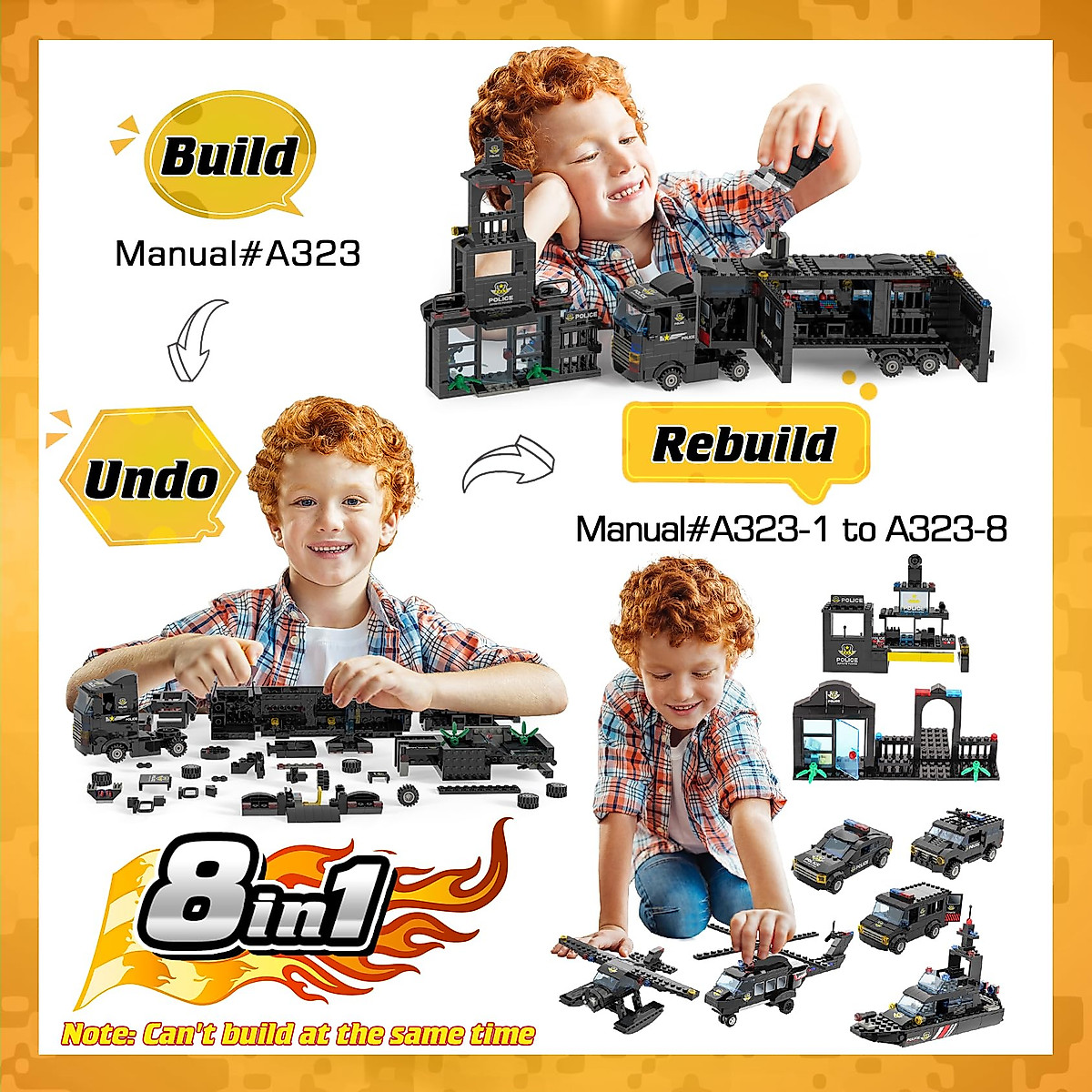 WishaLife 8 IN 1 City Police SWAT Mobile Command Center Truck Toy Building Set, with Police Station Toy, Police Car Toy, Helicopter Toy, Boat Toy, Fun Police Toys Gift for Kids, Boys, Girls Age 6 Plus