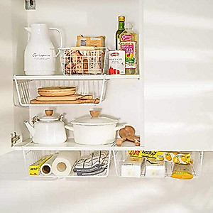 Tebery 2 Pack White Under Shelf Wire Basket Hanging Storage Baskets, Under Cabinet Add-on Storage Racks Slide-in Baskets Organizer for Kitchen Pantry Desk Bookshelf