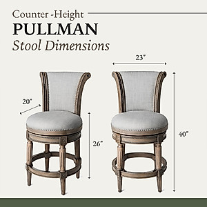 Maven Lane Pullman 26 Inch Tall Counter Height Upholstered Barstool with Back in Reclaimed Oak Finish with Ash Grey Fabric Cushion Seat, Set of 3
