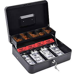 INFUN Cash Box with Money Tray, Durable Large Steel Money Boxes, 5 Compartment Tray, 4 Spring-loaded, come with 2 key, Black