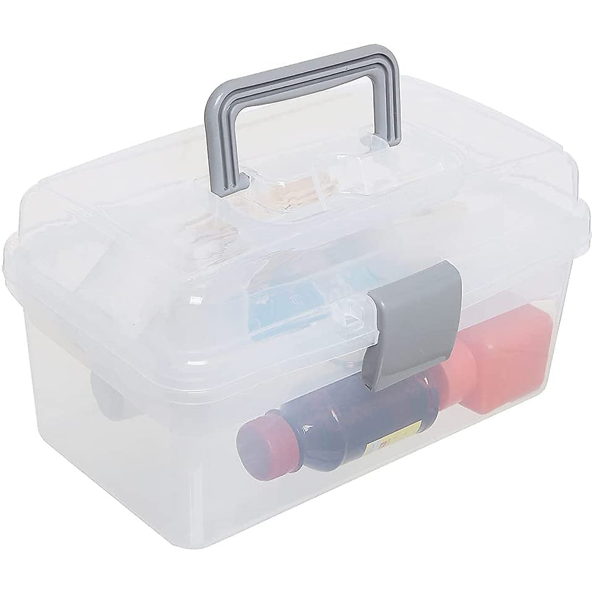 Auniwaig Portable Handled Organizer Box 33cm Plastic Sewing Box Multipurpose Art Tool Container Case Transparent Storage Box with Removable Tray for Art Craft and Cosmetic (33x20x15cm) 1pcs