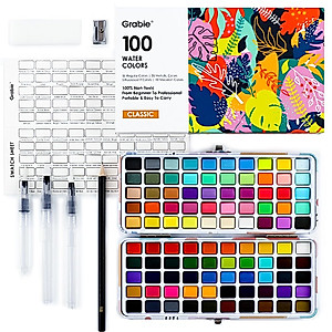 Grabie Watercolor Paint Set, Watercolor Paints, 100 Colors, Painting Set with Water Brush Pens and Drawing Pencil, Great for Kids and Adults, Art Supplies, Perfect Starter Kit for Watercolor Painting