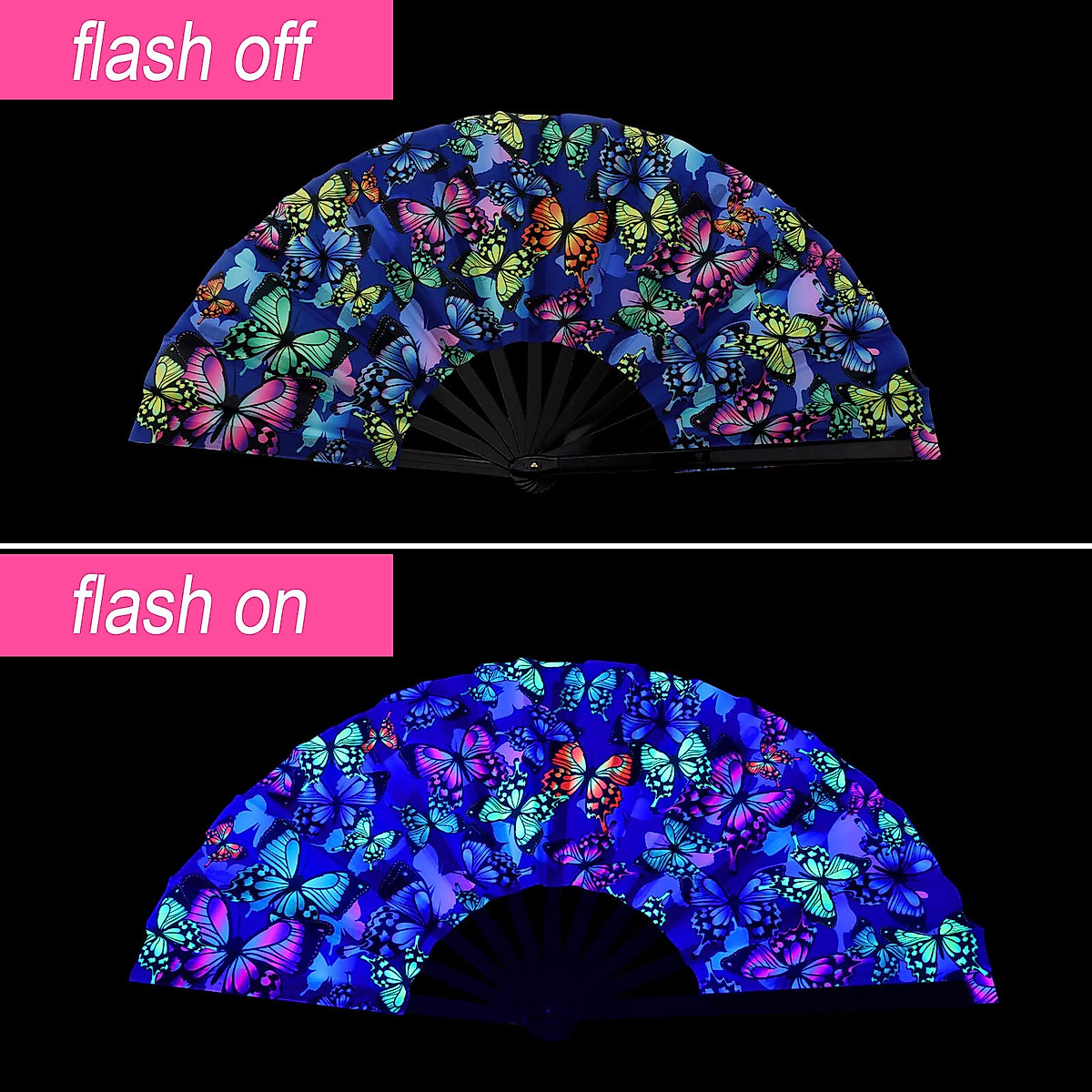 BBTO 4 Pcs UV Glow Large Folding Hand Rave Fan for Men Women Chinese Japanese Bamboo Folding Clack Hand Fan for EDM Music Festival Club Party Dance Performance Gift, 4 Styles, 25"(Fresh)