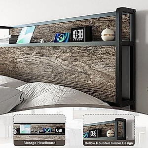 AMERLIFE Queen Size Lift Up Storage Bed Frame, Wooden Platform Bed Frame with Lifting Storage & Charging Station, No Spring Box Needed/Noise Free, Rustic Grey