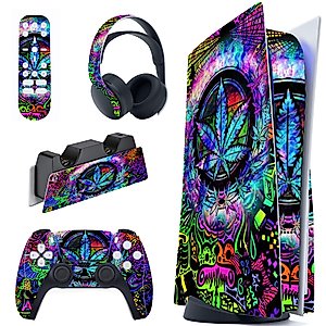 PlayVital Psychedelic Leaf Full Set Skin Decal for ps5 Console Disc Edition, Sticker Vinyl Decal Cover for ps5 Controller & Charging Station & Headset & Media Remote