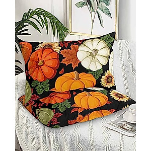 Edwiinsa Thanksgiving Pillow Covers King Standard Set of 2 Bed Pillow, Farmhouse Black Pumpkin Maple Leaves Plush Soft Comfort for Hair/Skin Cooling Pillowcases with Envelop Closure 20''x36''