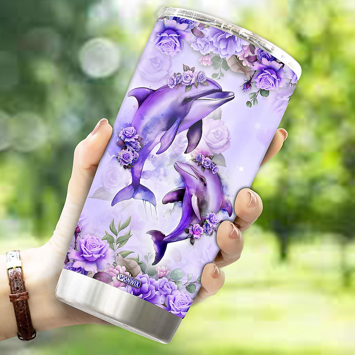 WONWIX Personalized Dolphin Tumbler Customized Name Dolphins Coffee Mug Gifts For Women Girls Custom Water Bottle Mugs 20oz Gift For Adults Christmas Birthday Insulated Stainless Steel Cup With Lid