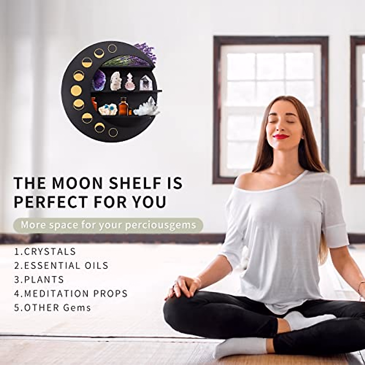 Myuilor Crescent Moon Shelf, Wooden Moon Shelf for Crystals, Stones & Essential Oils, Crystal Shelf Display Pine Floating Circle Shelf, Crystal Moon Shelves(Black)