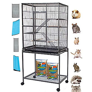 54" Large Wrought Iron 4-Level Chew-Proof Tight 1/2-inch Wire Spacing Ferret Squirrel Chinchilla Sugar Glider Rats Mices Rabbit Squirrel Hamster Cage Easy Clean Pull Out Tray Removable Rolling Stand