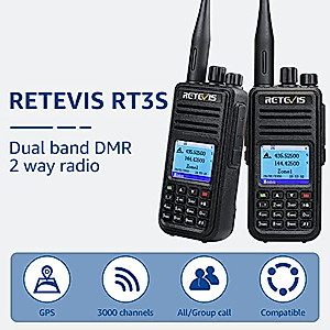 Retevis RT3S Dual Band DMR Radio, Digital Analog 2 Way Radio with GPS APRS, 3000Ch 10000 Contacts 2000mAh, Long Range Handheld Walkie Talkie for Traveling Hiking (Black 1 Pack)