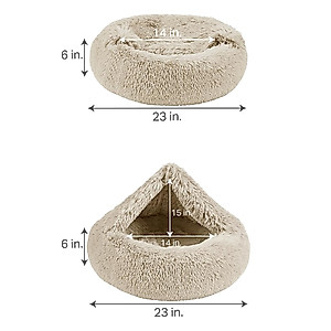 Friends Forever Luna Donut Cat Bed Cave, Soft Faux Fur Hooded Blanket Dog Couch For Indoor Pet, Fluffy Calming Plush Shag, Cozy Round Cushion, Machine Washable Cuddler, Self Warming, Tan, Small (23"x23"x6")