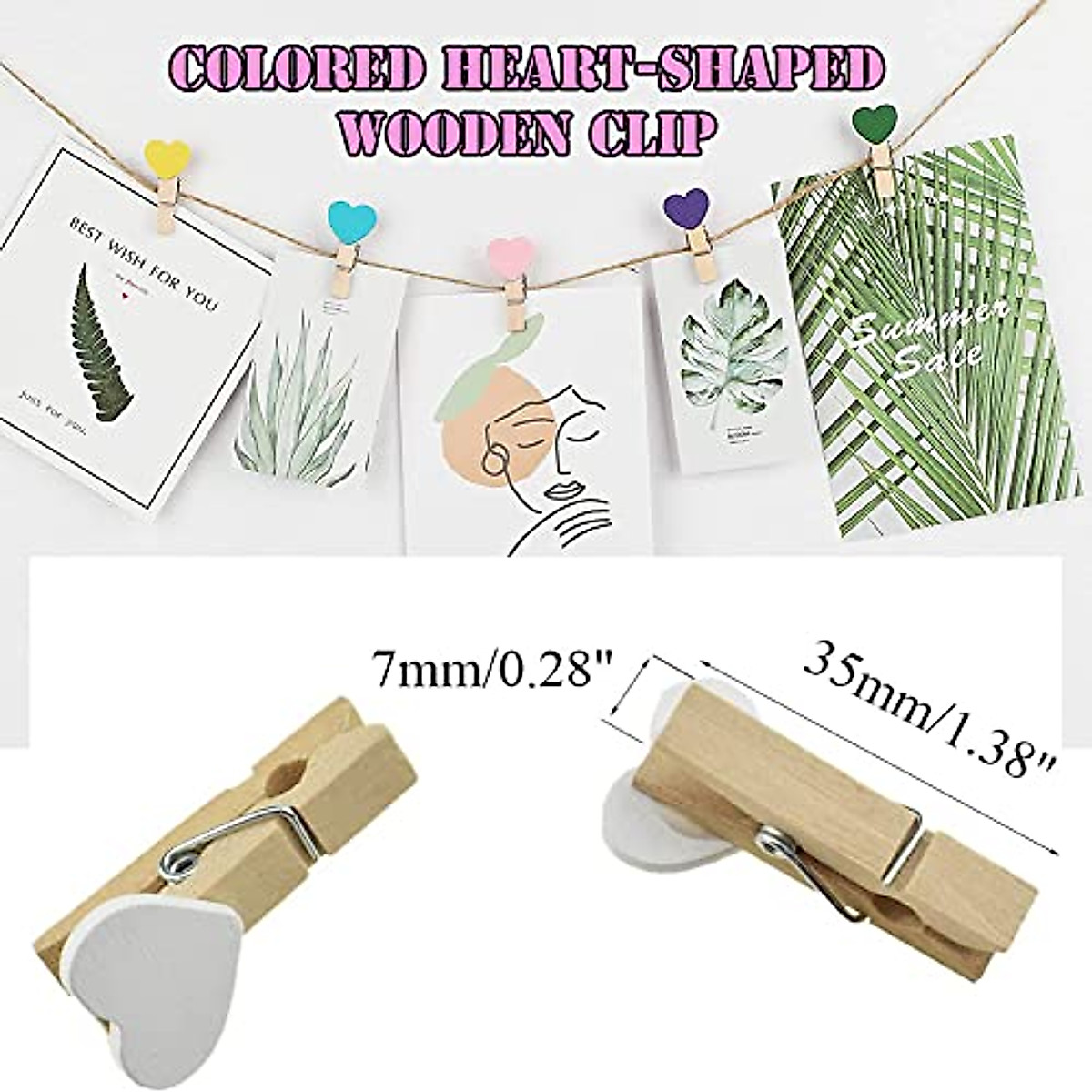 AKOAK 50 Pcs Color Wood Clothespin, Mini Natural Heart-Shaped Wood Craft Clip, Photo DIY, Christmas/Wedding/School Arts and Crafts/Home Decor Photo Clip