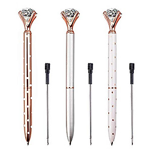 LONGKEY 3PCS Diamond Pens Big Crystal Diamond Ballpoint Pen Bling Metal Ballpoint Pen Offices and Schools, Silver/White With Rose Polka Dots/Rose Gold with White Polka Dots, Includes 3 Pen Refills.