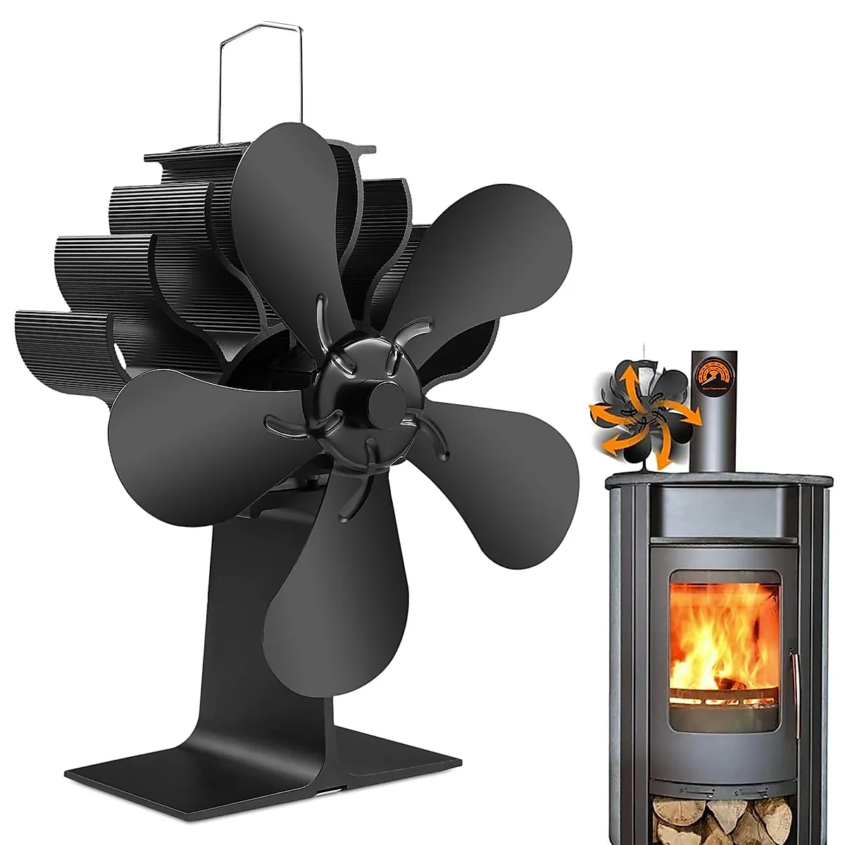 PYBBO 6 Blades Wood Burning Stove Fireplace Fan - Non Electric Silent Motors Heat Powered Fan Circulates Warm/Heated Air Fan for Pellet/Wood/Log Stoves, Winter Cocoon Fan with Magnetic Thermometer