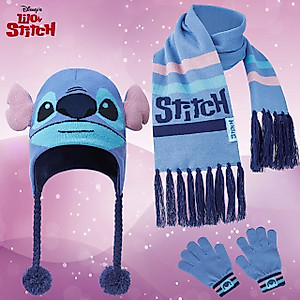 Disney Stitch Girls Beanie Scarf Teenagers Kids Gloves Winter Accessories Stitch Gifts, Different Sets to Choose (Blue Stitch 3 Pcs)