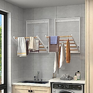 Facilehome Wall Mounted Clothing Rack,Laundry Clothes Drying Rack Foldable,Wood Drying Rack for Hanging Clothes Space Saving,White