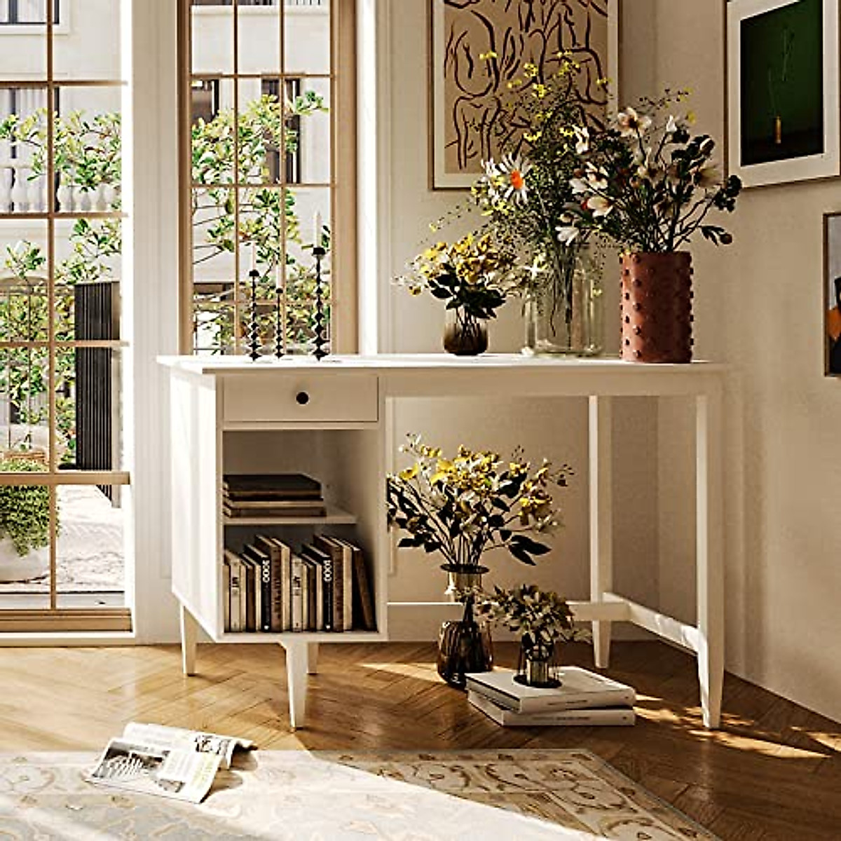 White Desk with Drawers & Shelves,43-inch Small Desk for Bedroom White Vanity Desk with Storage Drawer,Modern Home Office Computer Desk