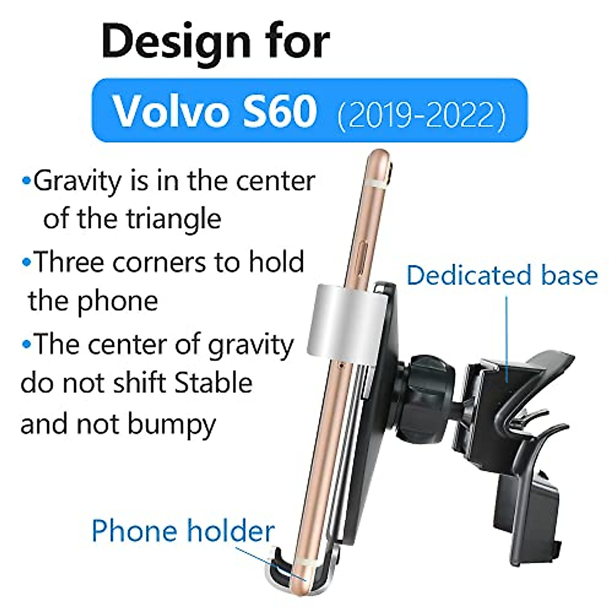 musttrue LUNQIN Car Phone Holder for 2019-2024 Volvo S60 [Big Phones with Case Friendly] Auto Accessories Navigation Bracket Interior Decoration Mobile Cell Mirror Phone Mount