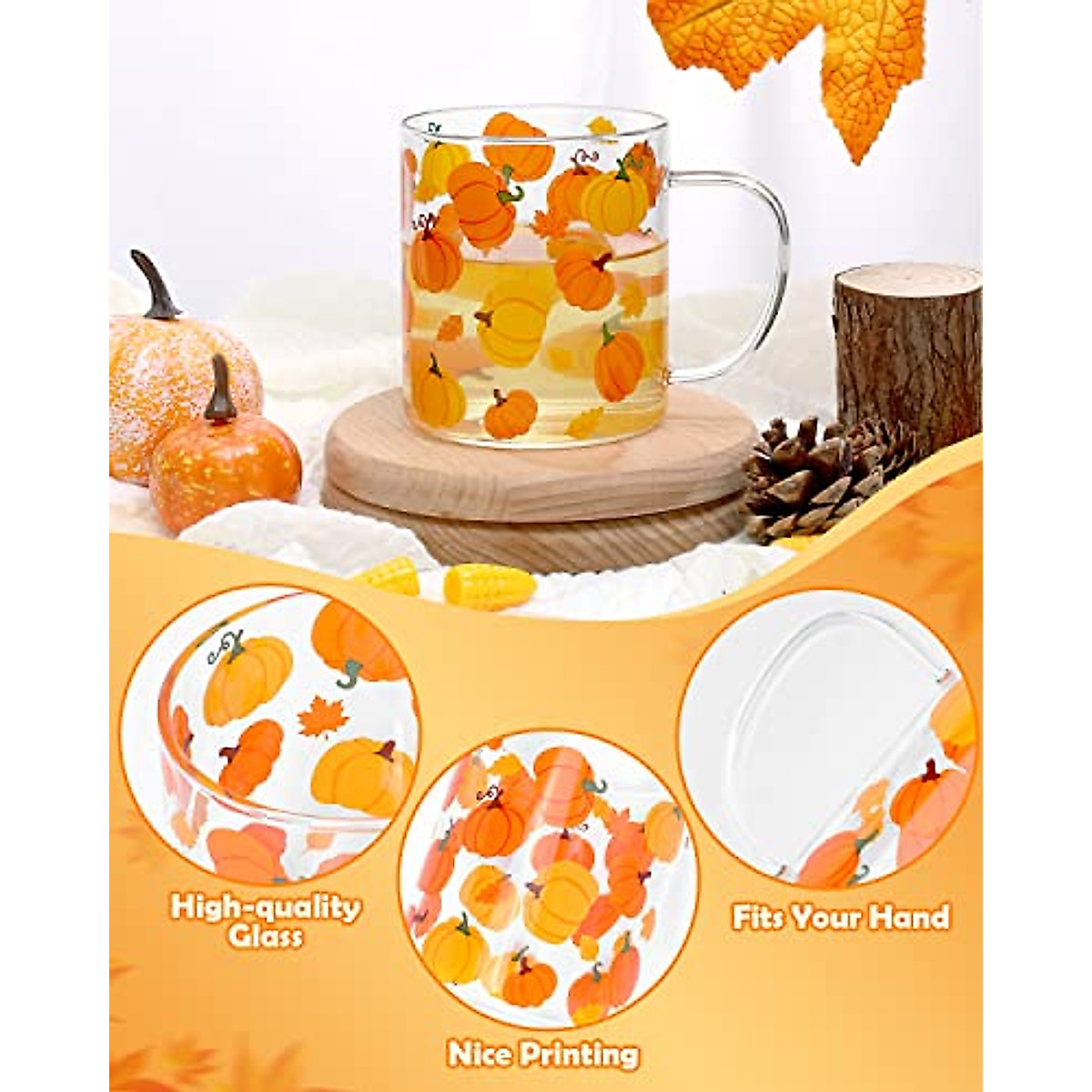 Pumpkin Glass Mug 15 Oz, Clear Fall Cup With Handle, Large Espresso Iced Coffee Glass, Hot Beverage Cappuccino Tea Drinking Glassware, Autumn Decor for Coffee Bar, Thanksgiving Gift for Pumkin Lover