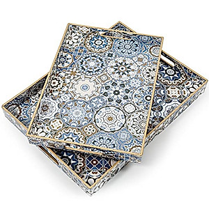 AGIOTA 2 Pcs Serving Tray with Handles Ottoman Tray for Living Room Blue Boho Decorative - Modern Plastic Large Coffee Table Trays