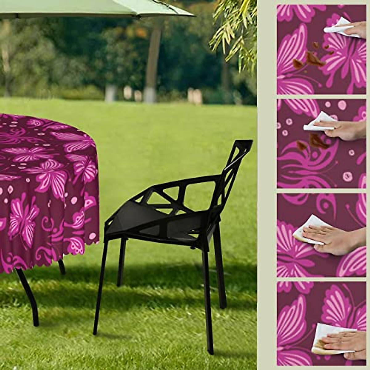 Butterfly Pattern round outdoor tablecloth,Round Tablecloth with Umbrella Hole and Zipper for Patio Garden,Waterproof Spill-Proof,for umbrella table Patio Garden(52" Round,Magenta Baby Pink Maroon)