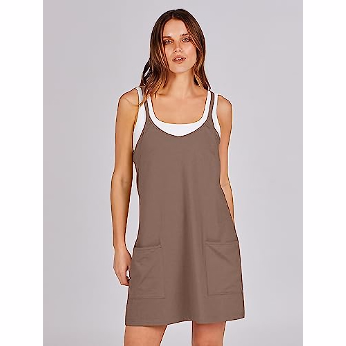 Caracilia Workout Dresses for Women 2023 Summer Casual Sleeveless Athletic Outfits Tennis Golf Sports Short Mini Dress with Built in Shapewear C112A5-qianka-L Coffee
