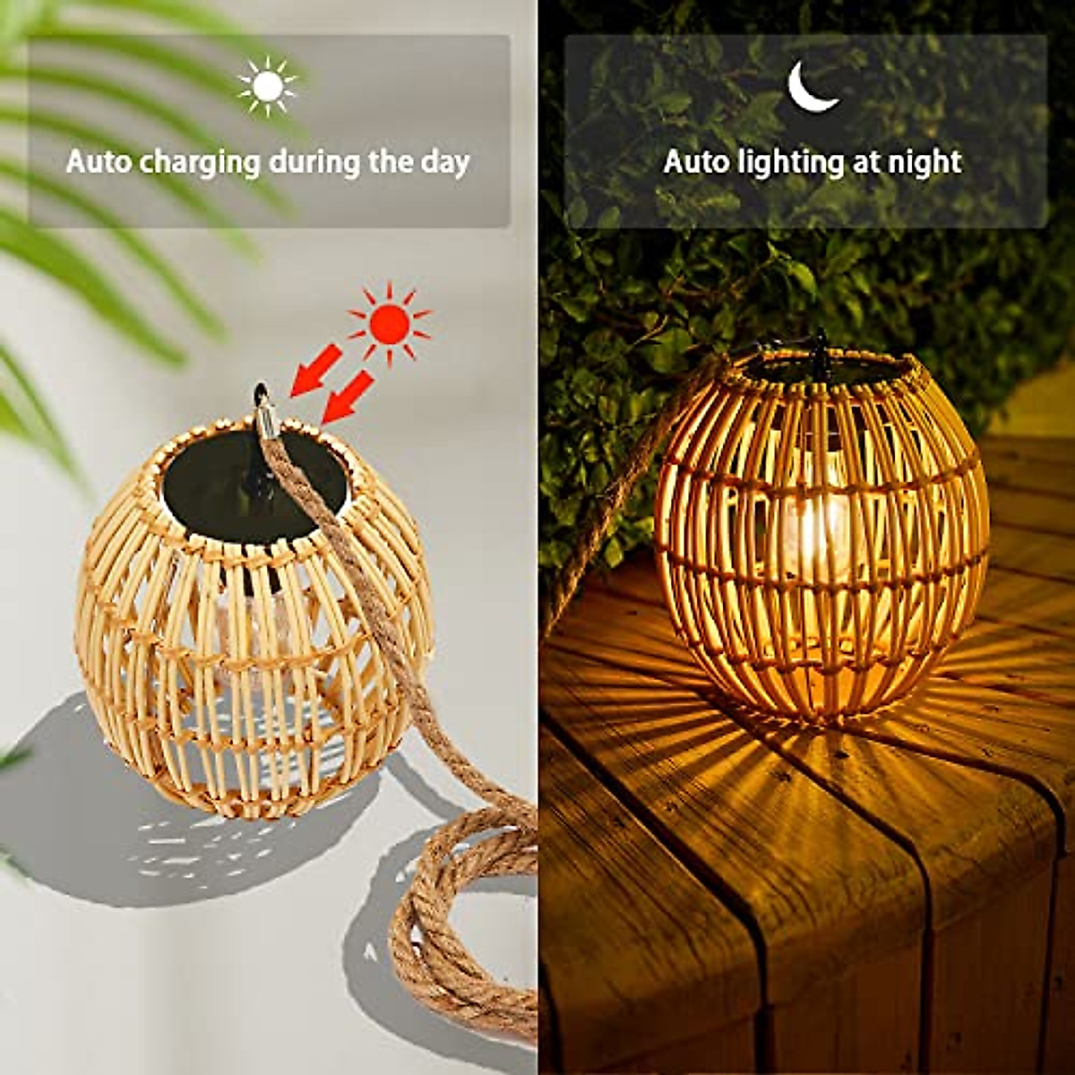 Livinlarge Hanging Solar Lantern Outdoor Waterproof, Large Solar Rattan Lantern Outdoor with Twine Handle, Bright Solar Outdoor Lights with Edison Bulb for Garden Patio Yard Decoration