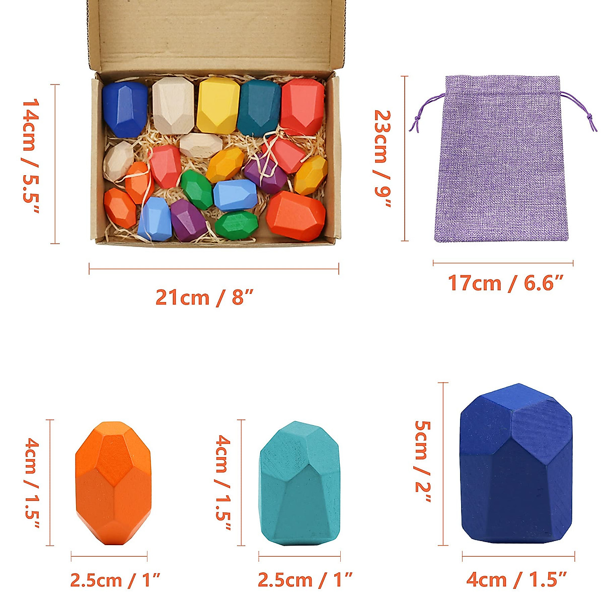 40 PCS Wooden Rocks Balance Stones Building Blocks Set, Colored Wood Balancing Stone Stacking Game, Lightweight Natural Educational Preschool learning Large Small Puzzle Toy for Kids (40PCS-2)