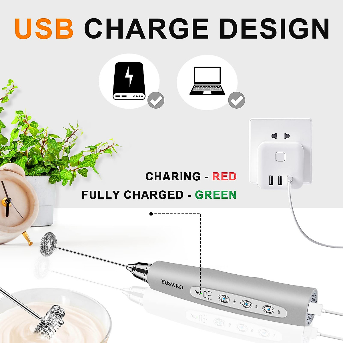 YUSWKO Rechargeable Milk Frother Handheld with 3 Heads, Silver Coffee Electric Whisk Drink Foam Mixer, Mini Hand Stirrer with 3 Speeds Adjustable for Latte, Cappuccino, Hot Chocolate, Egg