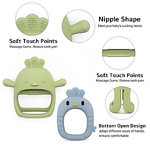 2PCS Chick Shape Baby Teething Toys, Never Drop Hand Wrist Teether, Baby Chew Toys for Sucking Needs, Silicone Baby Mitten Teether for Soothing Teething Pain Relief, Easy to Grip (Green/Blue)