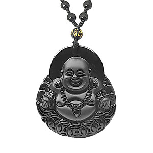 ASGIFT Laughing Buddha Necklace Black Obsidian Buddha Pendant with Adjustable Bead Chain Large Lucky Buddah Necklaces Jewelry for Men Women