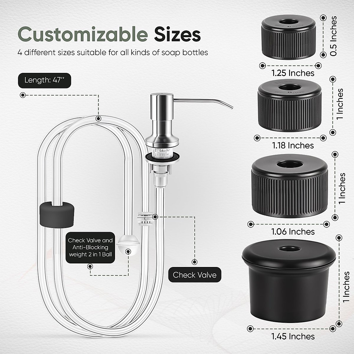 Strictly Sinks Soap Dispenser Extension Tube Kit - 47″ Under Sink Soap Dispenser Extension Tube Kit with Check Valve, Powerful Suction-No Backflow, with 4-Different Sizes for All Soap Bottles