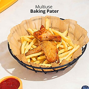 TEMOLA 50PCS Air Fryer Disposable Paper Liner, Non-Stick Air Fryer Paper Liners Round Food Grade Baking Paper, Grease Water Proof Parchment Paper for Air Fryer Cooking Roasting Microwave Frying Pan