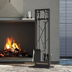 Fire Beauty Fireplace Tools, 5 Pieces Fireside Accessories Fire Kit Set, Stand Woodstove Tools Holder Wrought Iron Handle Indoor Fireset Stand (30.5 Inches)