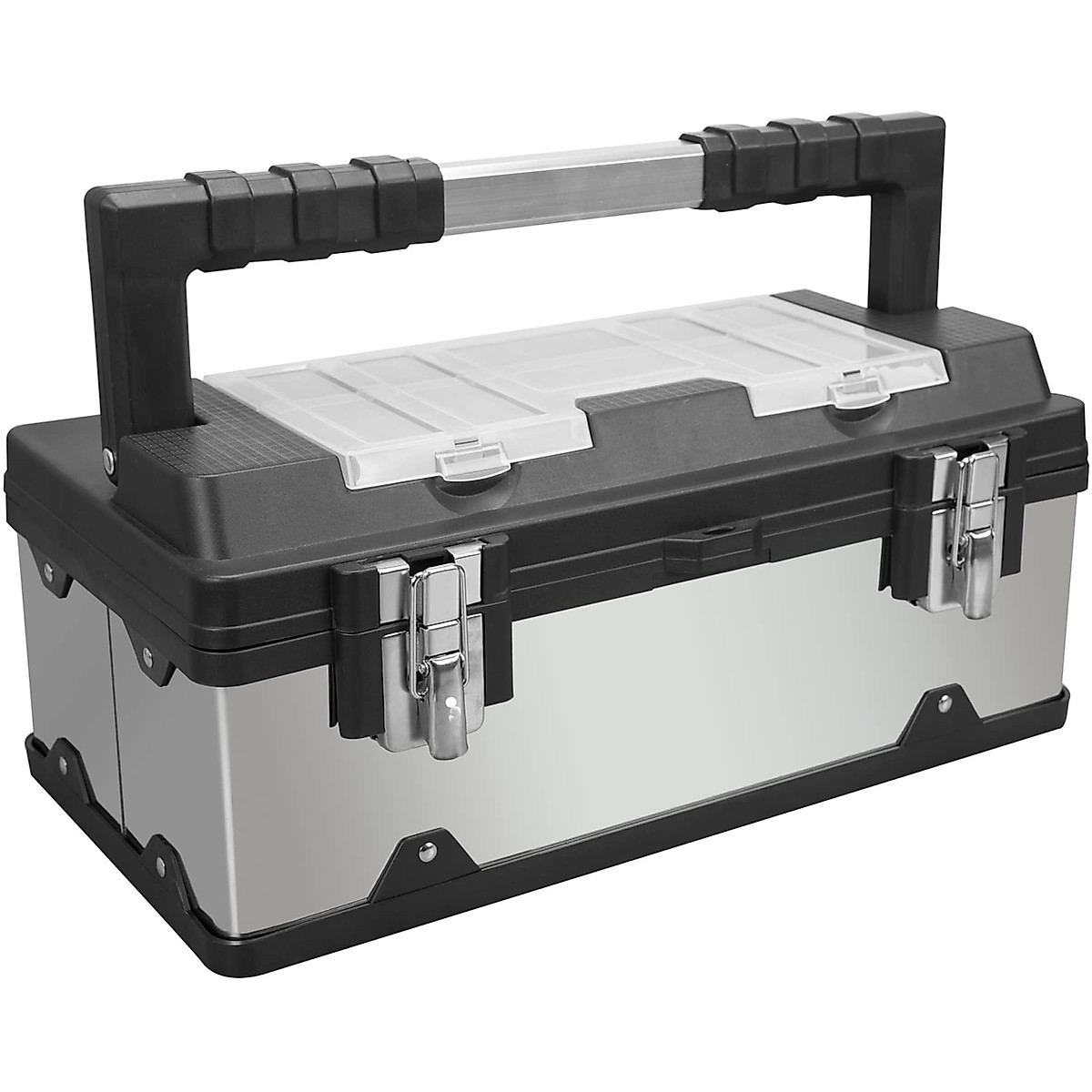 BIG RED A5519BR Torin 19" Stainless Steel and Plastic Portable Storage Tool Box Organizer with Metal Lock, Multiple Compartments, Clear Lid and Removable Trays - Stainless Steel/Black