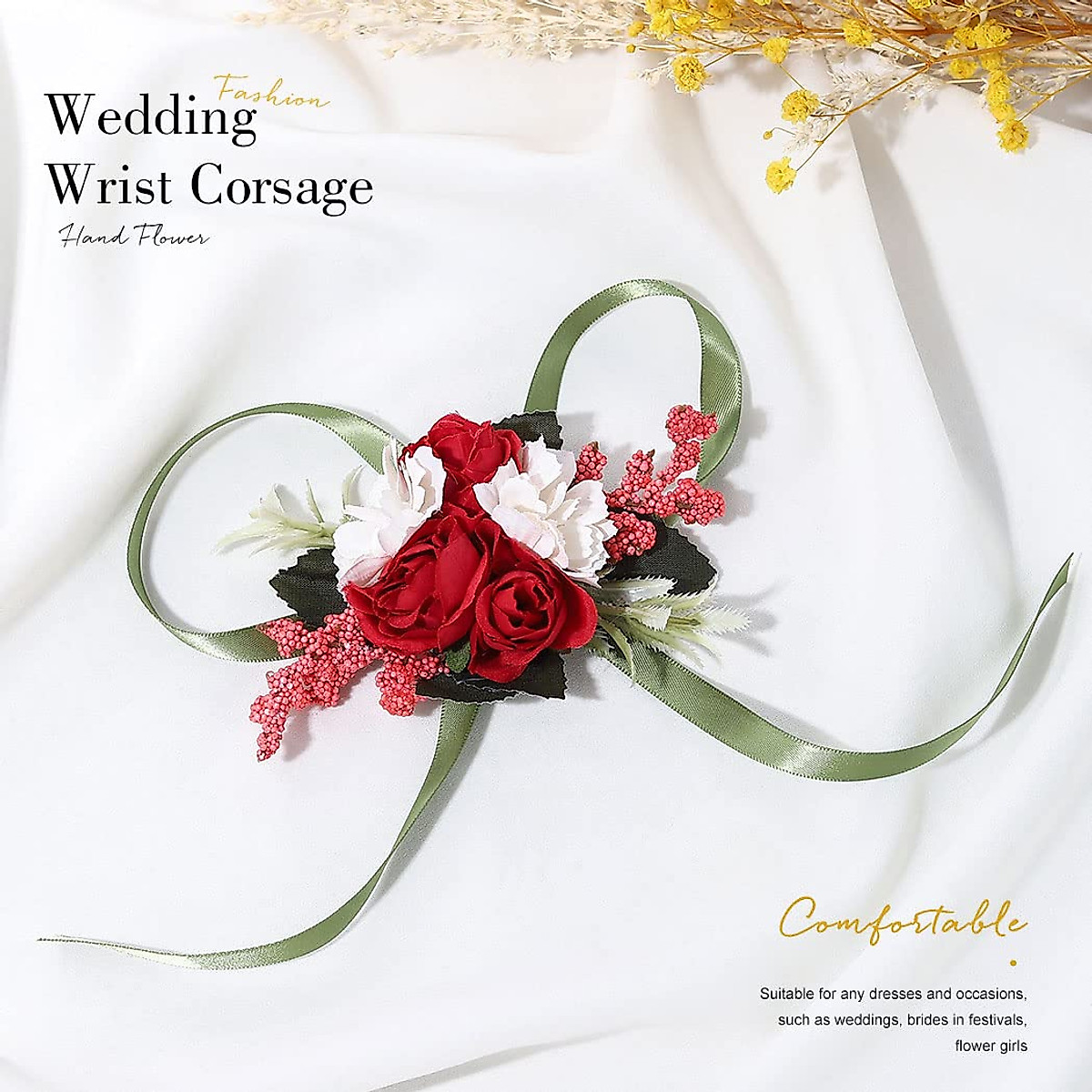 CASDRE Flower Wedding Wrist Corsage Red Floral Bridal Corsage Wristlet with Ribbon Prom Hand Flowers for Women and Brides