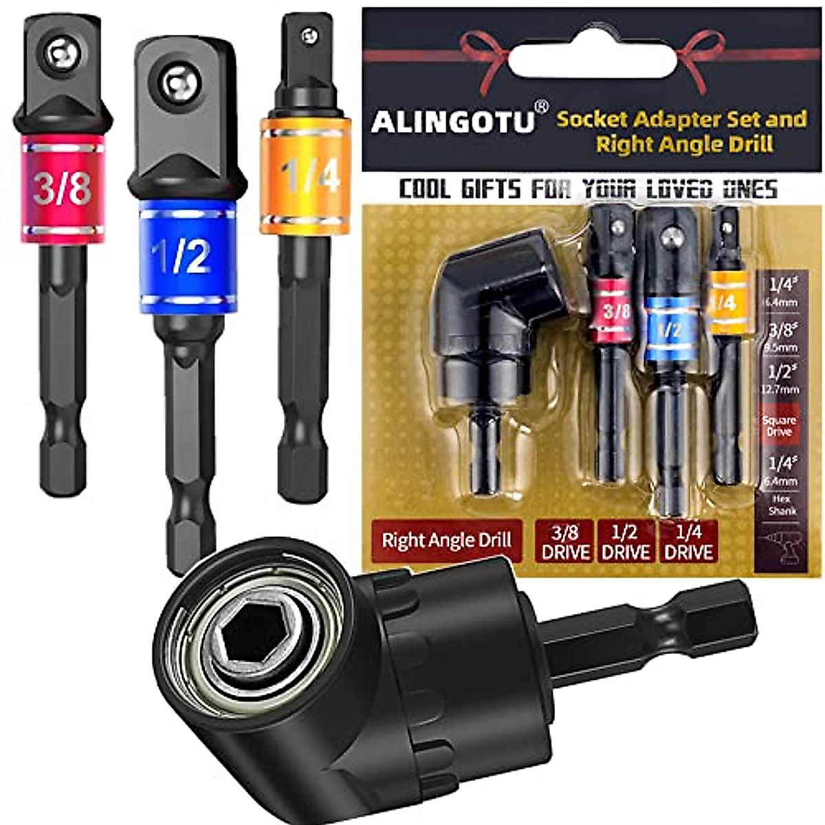 ALINGOTU Right Angle Drill Adapter and Drill Socket Adapter,Impact Driver Bit Set,Right Angle Drill Attachment,3-Piece 1/4", 3/8", and 1/2" Drive,Black,Cr-V,Gifts for Dad,Christmas Stocking Stuffers