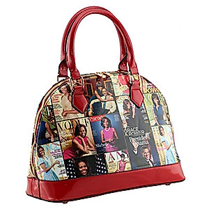 Glossy magazine cover collage dome satchel bag purses bowling bag Michelle Obama bags with wallet set 2 in 1 (MULTI/RD)